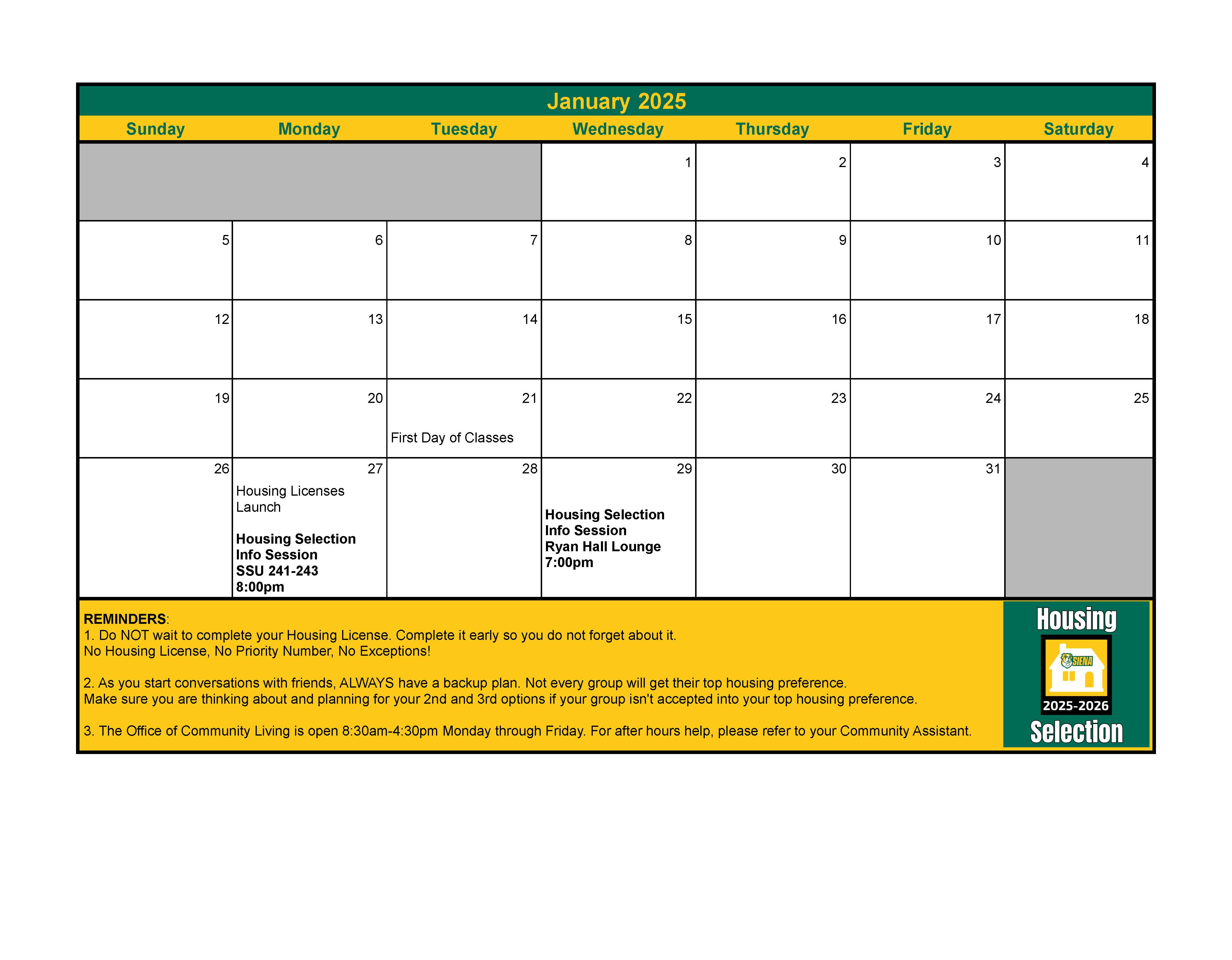 Housing Selection Calendar | Siena University