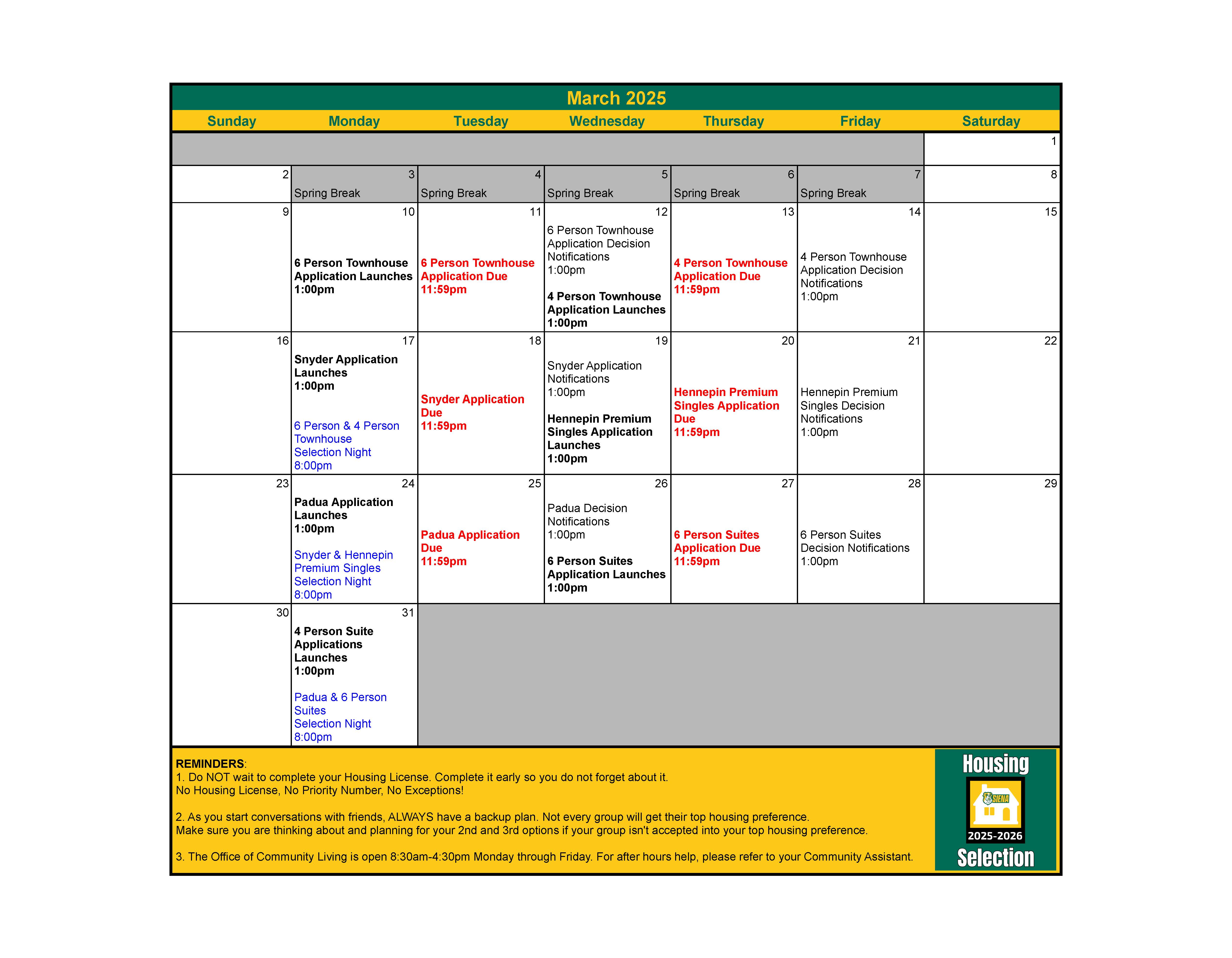 Housing Selection Calendar | Siena University