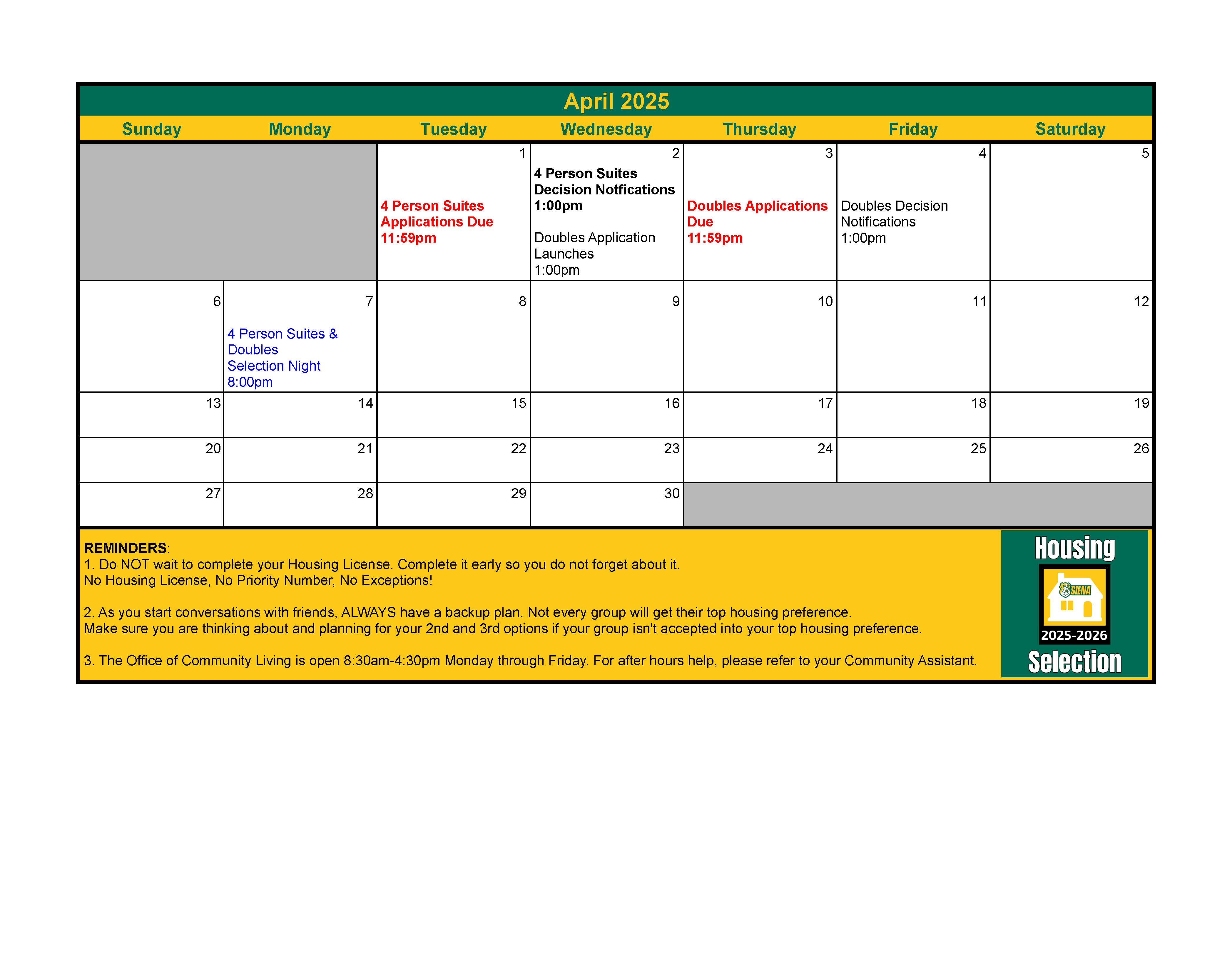 Housing Selection Calendar | Siena University